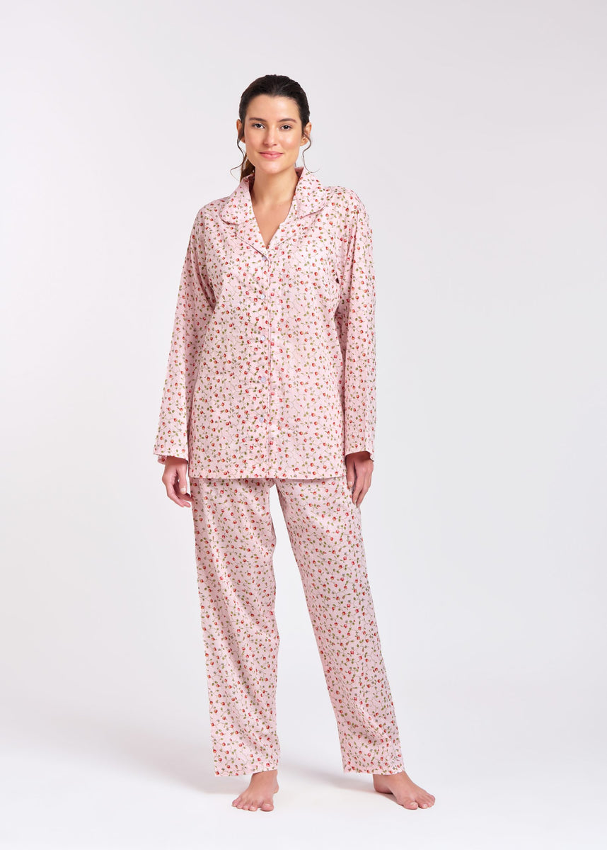 PYJAMA SET - LONG SLEEVES - PINK WITH RED ROSES – Ruby Dreams Australia